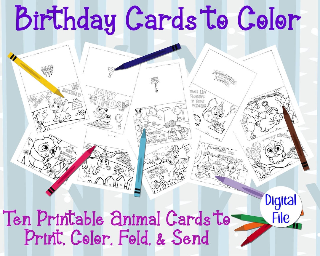 Birthday Printable Cards - 10 Coloring Animal Cards for Kids to Color ...