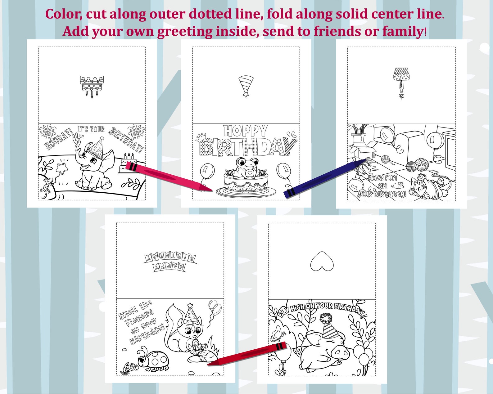 Birthday Printable Cards - 10 Coloring Animal Cards for Kids to Color ...