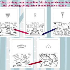 Birthday Printable Cards - 10 Coloring Animal Cards for Kids to Color ...