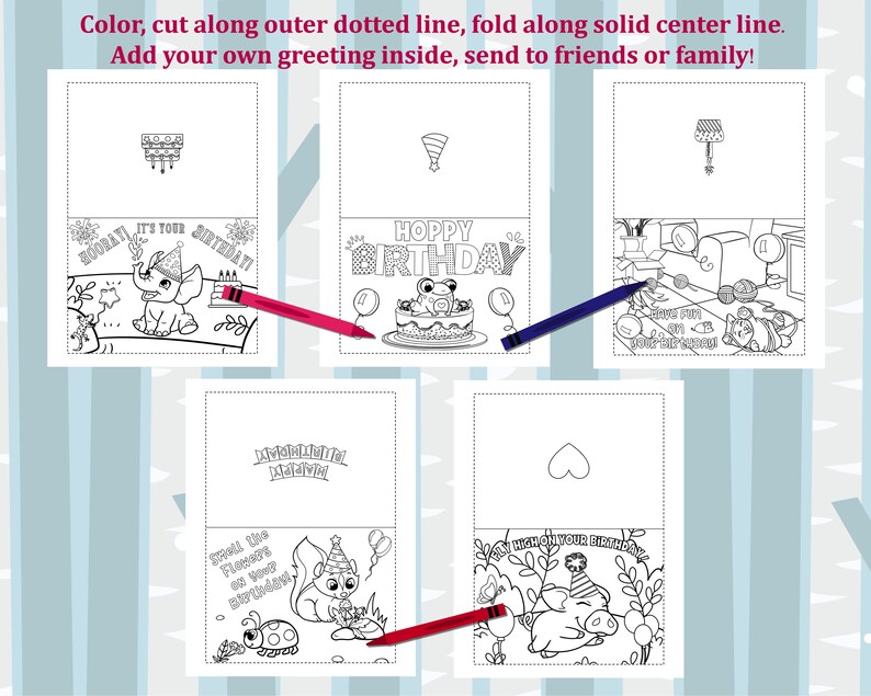 Birthday Printable Cards - 10 Coloring Animal Cards for Kids to Color ...