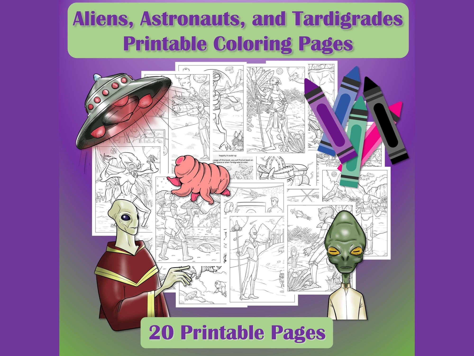 Aliens, Astronauts, and Tardigrades Digital Printable 20 Coloring Pages ...