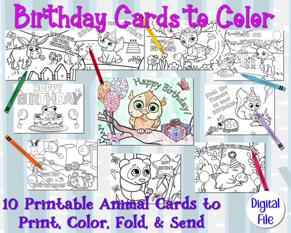 Birthday Printable Cards 10 Coloring Animal Cards for Kids to | Etsy