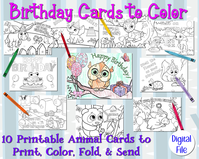 Birthday Printable Cards - 10 Coloring Animal Cards for Kids to Color ...