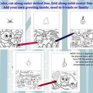 Birthday Printable Cards - 10 Coloring Animal Cards for Kids to Color ...