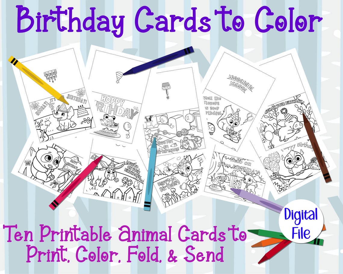 Birthday Printable Cards 10 Coloring Animal Cards for Kids to Color ...