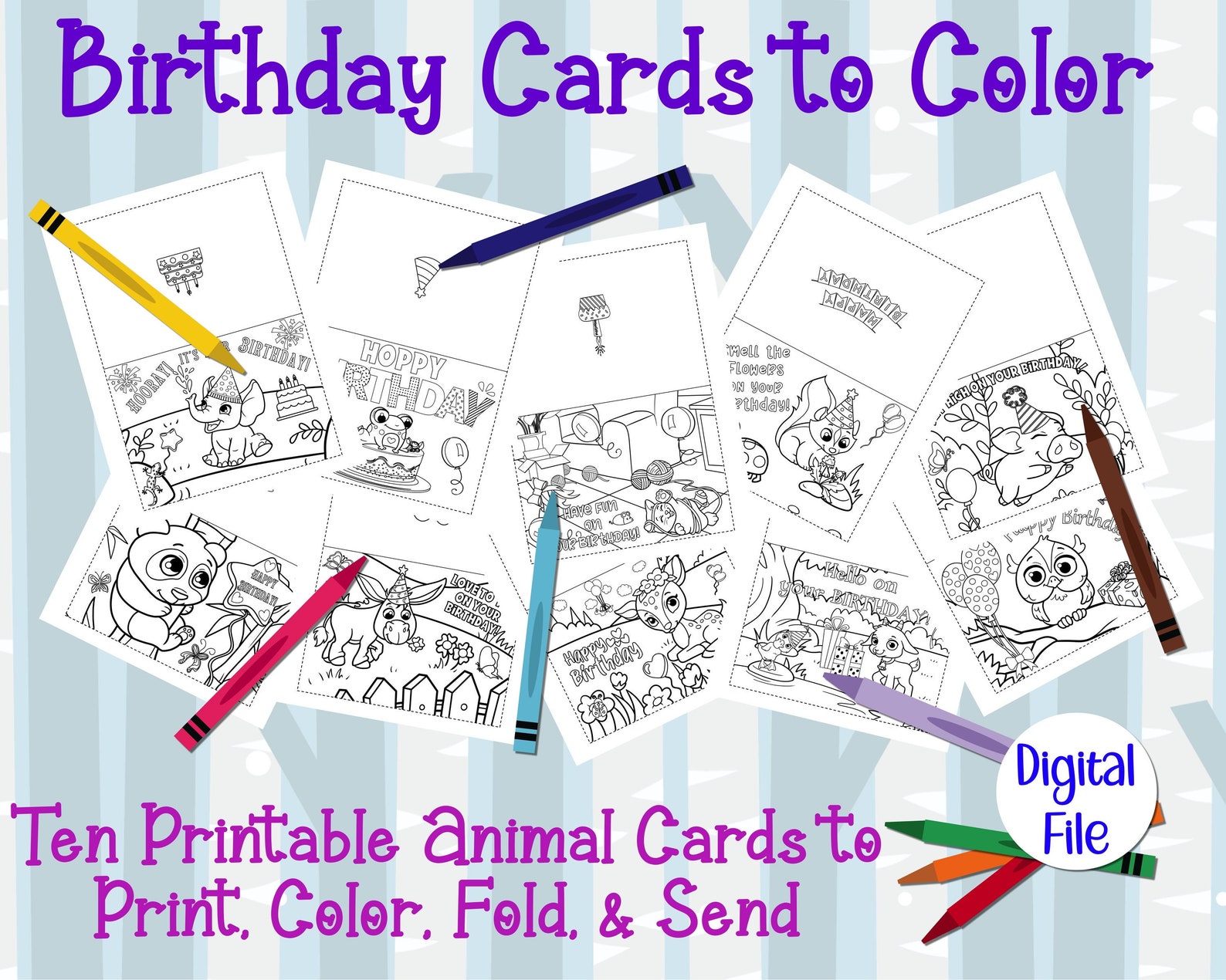 Birthday Printable Cards 10 Coloring Animal Cards for Kids - Etsy