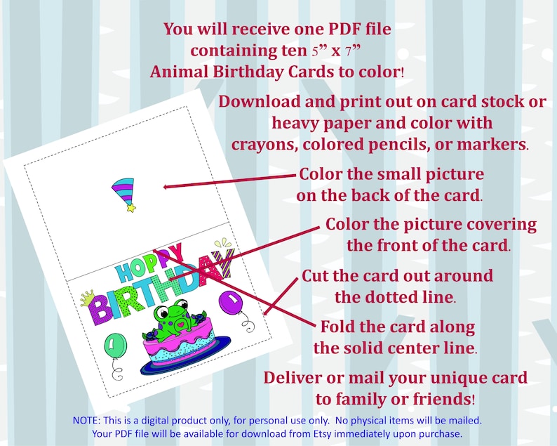 Birthday Printable Cards - 10 Coloring Animal Cards for Kids to Color ...