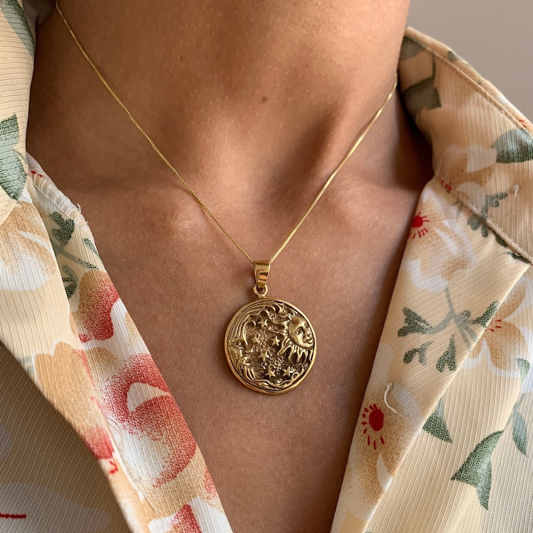 Celestial Gold Pendant, Gold Medal Pendant, Crescent Moon Pendant, Gold ...