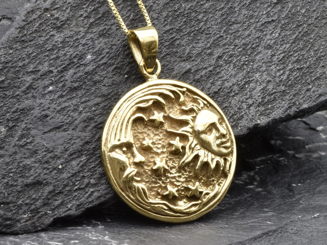 Celestial Gold Pendant, Gold Medal Pendant, Crescent Moon Pendant, Gold ...