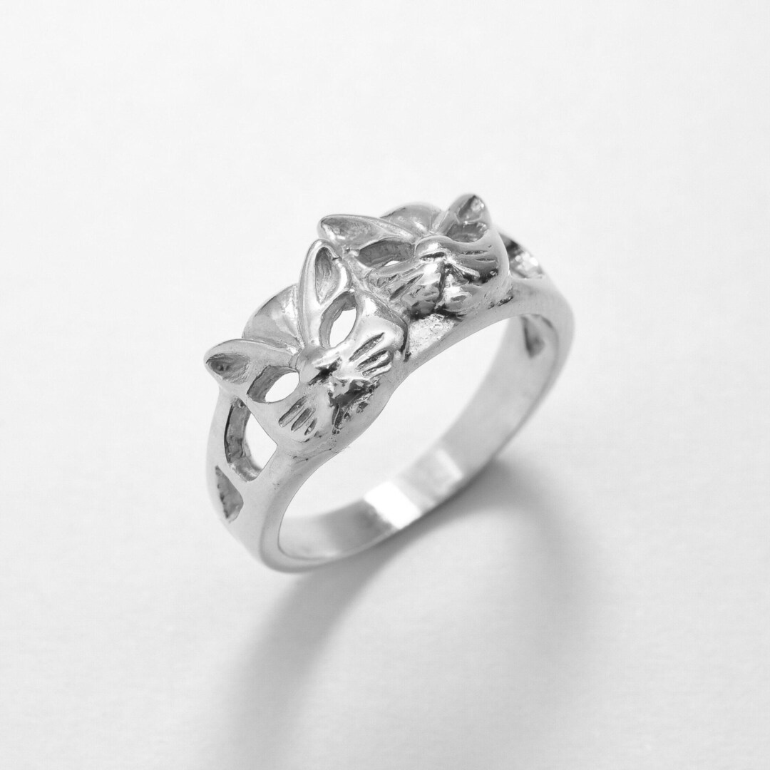 Silver Cat Ring, Cat Face Ring, Two Cats Ring, Cat Band, Kitty Ring ...