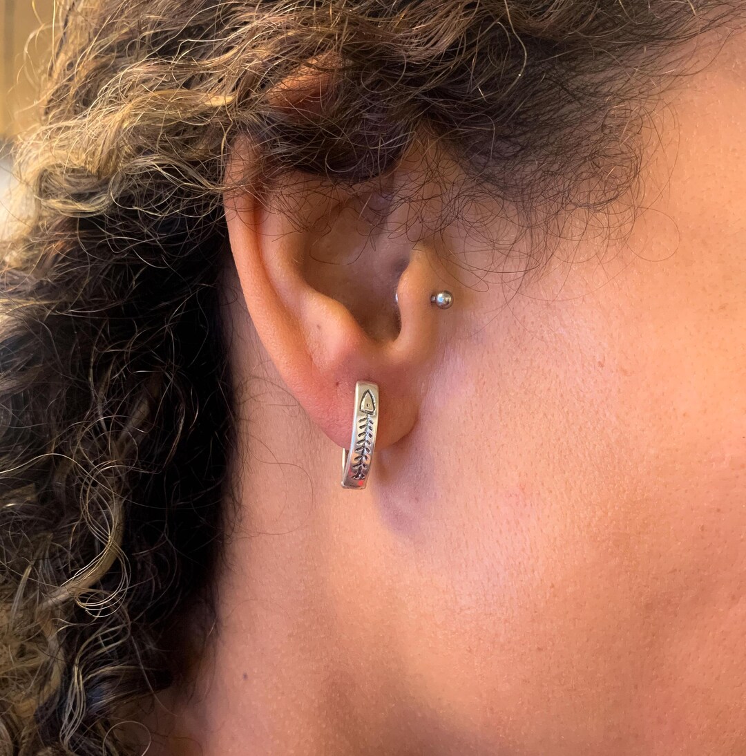 Silver Hoop Earrings, Fishbone Hoops, Medium Hoops Earrings, Fishbone ...