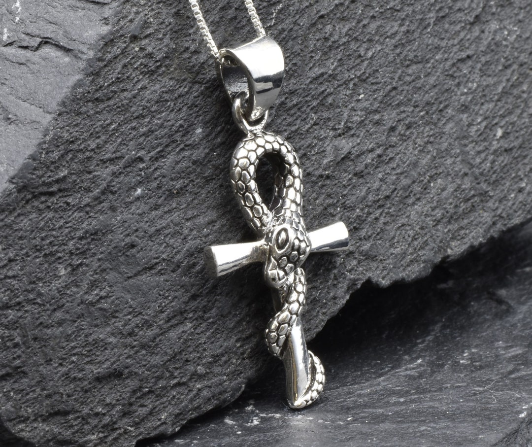Snake Cross Necklace Silver Cross Necklace Ankh Snake - Etsy