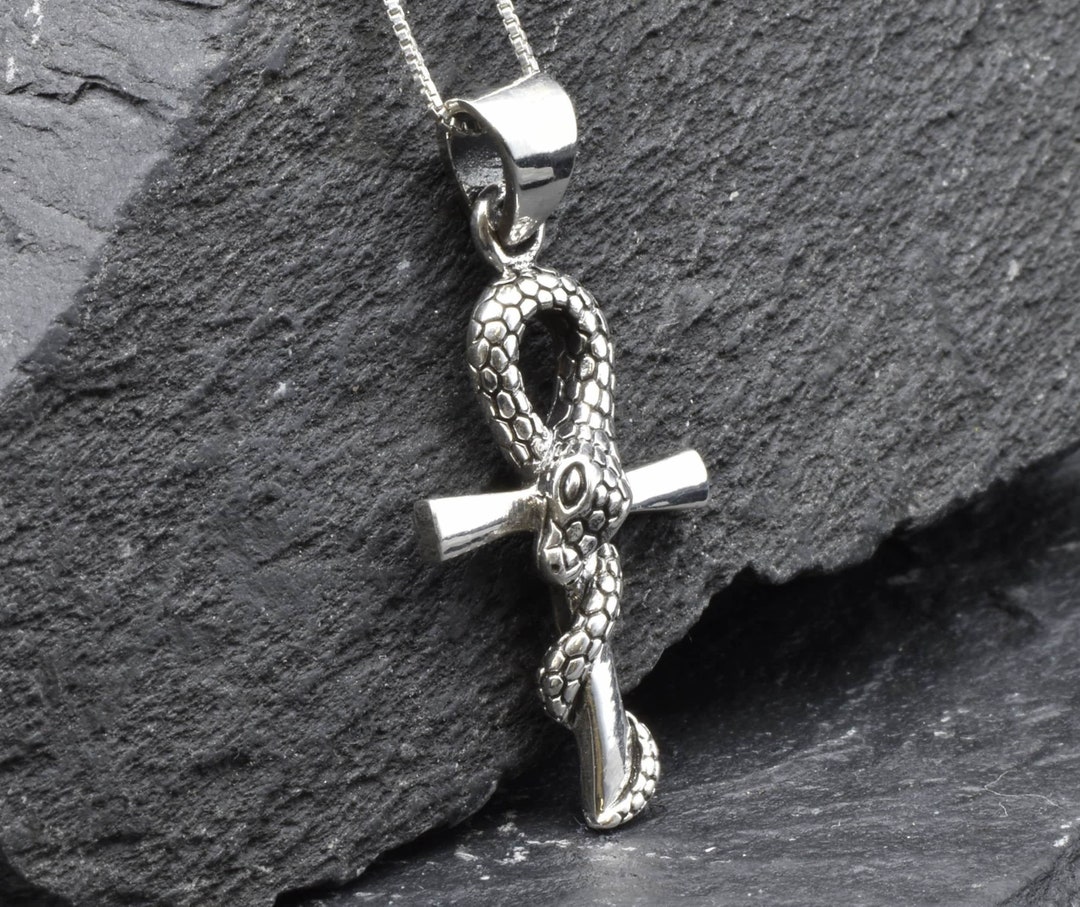Snake Cross Necklace, Silver Cross Necklace, Ankh Snake Pendant, Silver ...