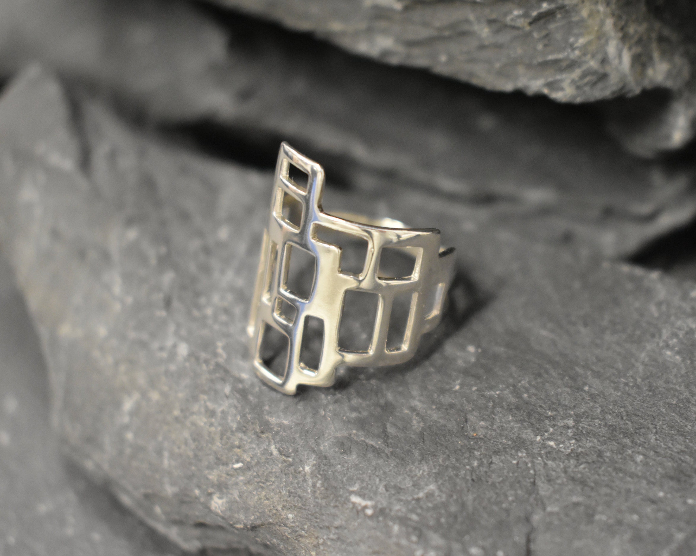Geometric Ring Statement Ring Solid Silver Ring Long Ring | Etsy