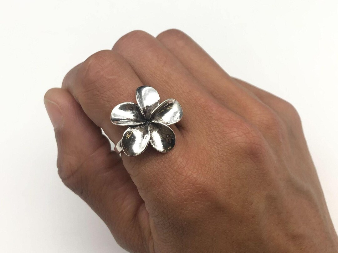 Large Silver Flower Ring, Hawaiian Flower Ring, Plumeria Ring, Large Petal Ring, Statement ...