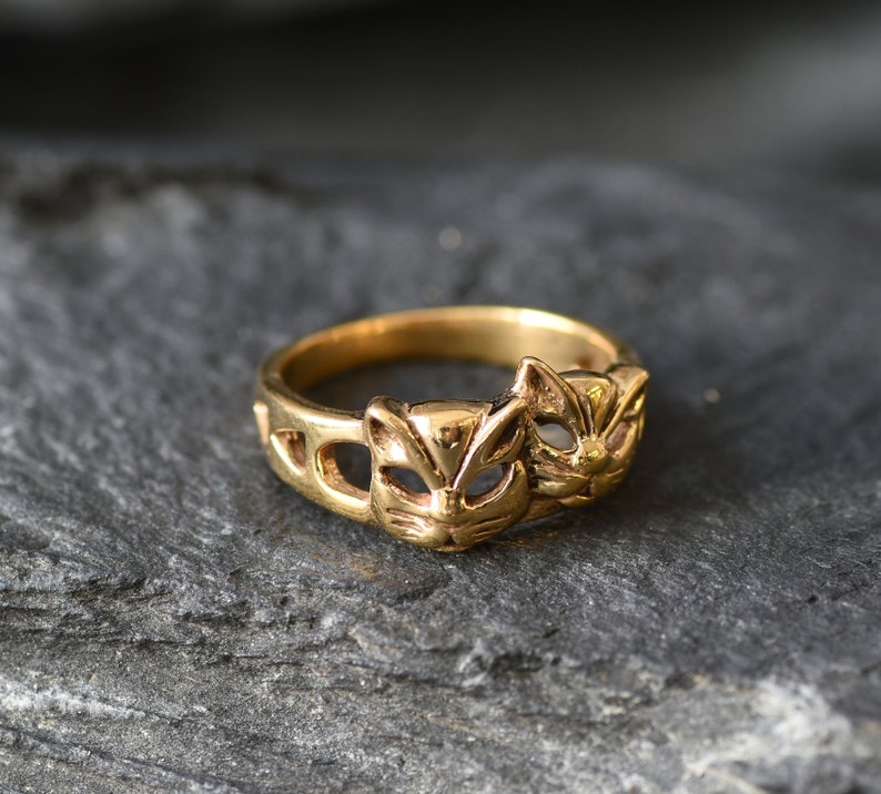 Gold Cat Ring Cat Face Ring Two Cats Ring Cat Band Kitty - Etsy
