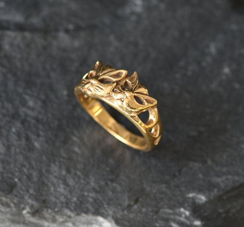 Gold Cat Ring Cat Face Ring Two Cats Ring Cat Band Kitty - Etsy