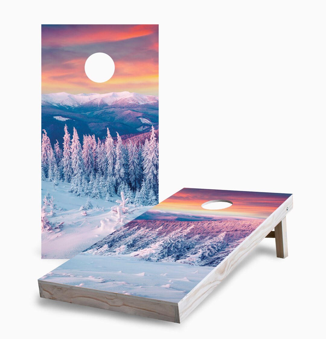 Sunrise Winter Mountains Cornhole Boards, Complete Outdoor Game Set ...