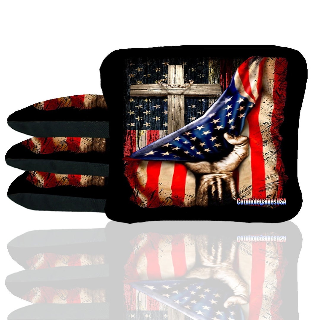 American Flag Pulled Back Cross Cornhole Bags (set of 4) - Custom ...