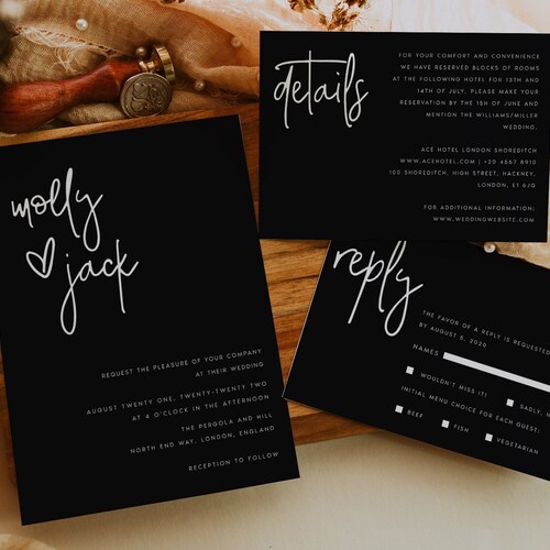 Black Wedding Invitation Template Minimalist Modern - Etsy