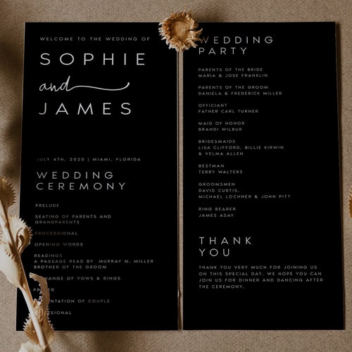 Black Wedding Program Template Contemporary Wedding Program - Etsy