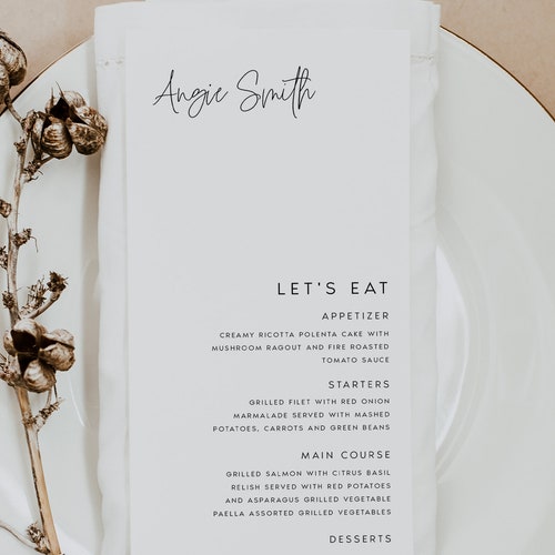 Menu With Guest Name Menu Place Card Minimalist Wedding - Etsy Australia