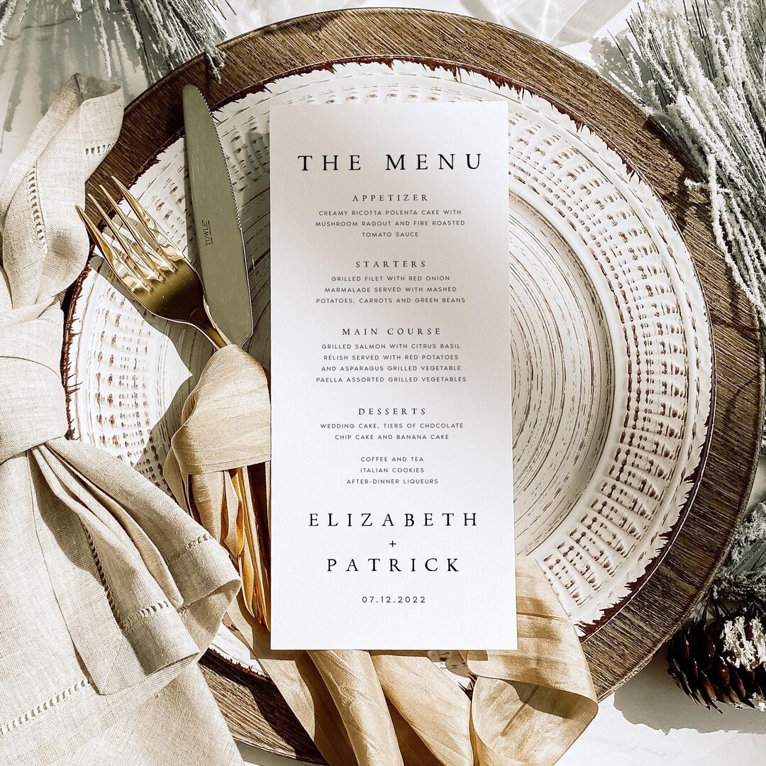 Printed Minimalist Wedding Menu, Modern Dinner Reception, Textured ...