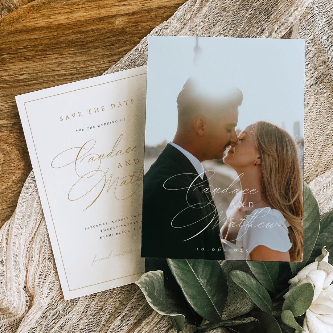 Photo Save the Date Invitation, Minimalist Save the Date, Gold Save the ...