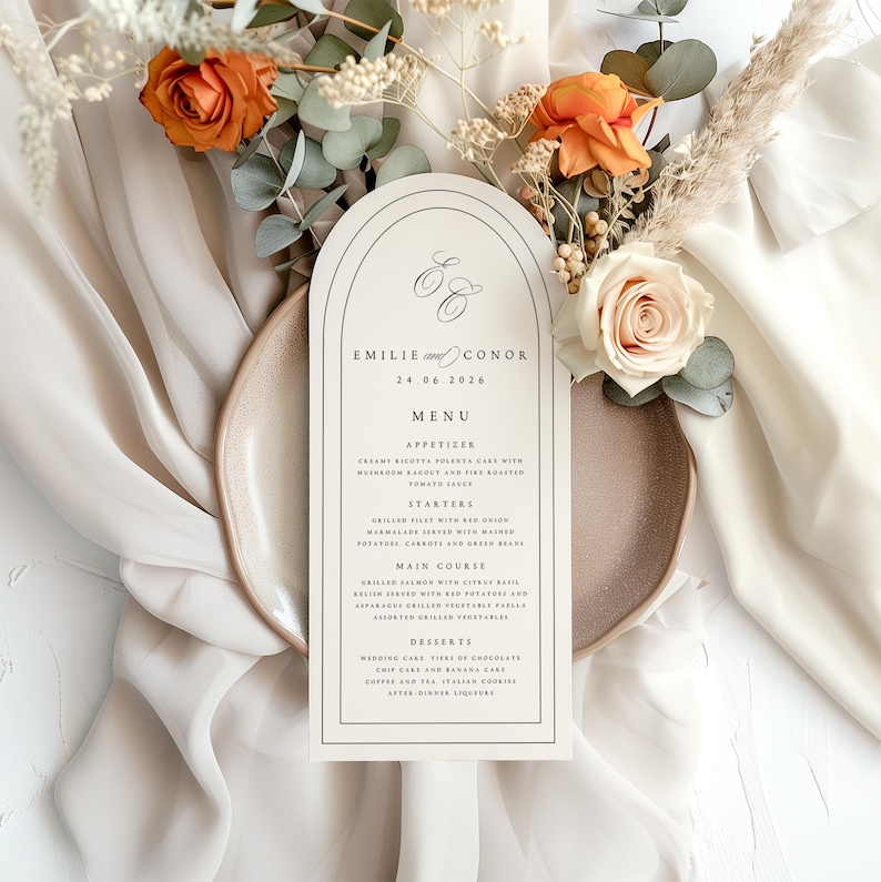 Minimalist Arch Wedding Menu Template, Classic Script Wedding Dinner ...