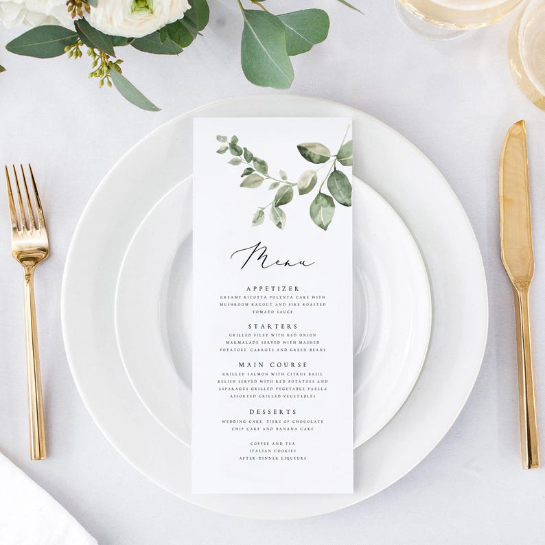 Eucalyptus Wedding Menu Template, Printable Greenery Menu Card, Sage ...