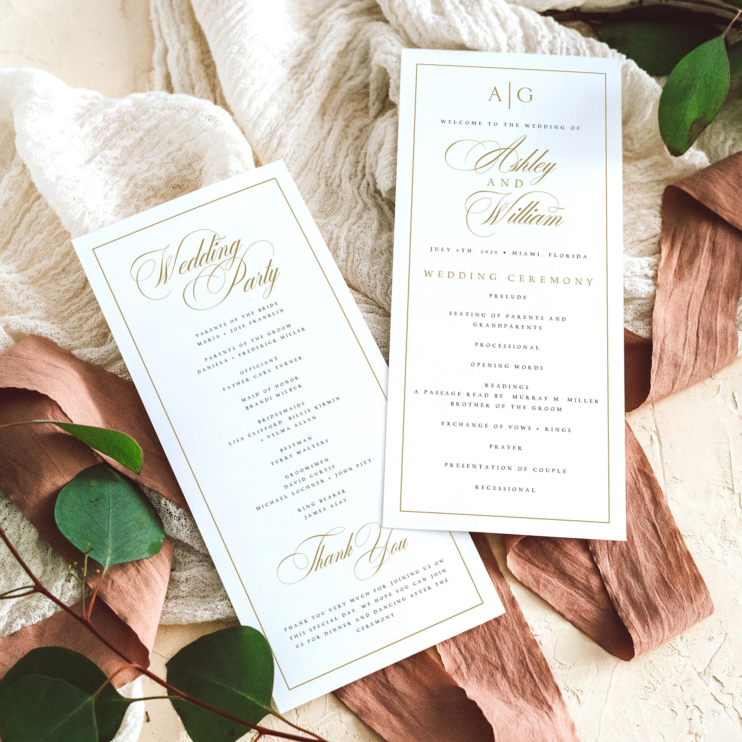 Gold Wedding Program Template, Minimalist Ceremony (digital Download ...