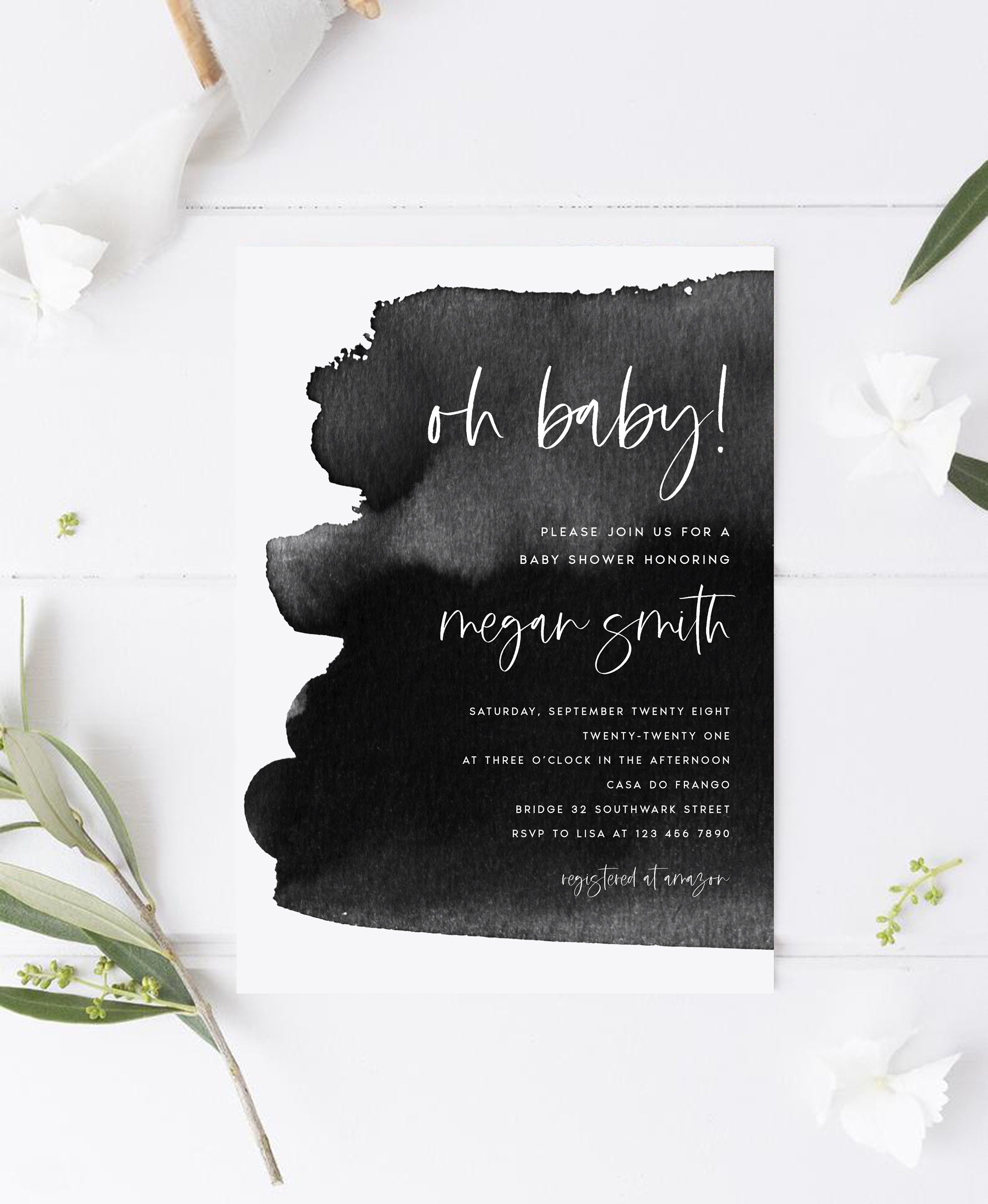 Black Watercolor Baby Shower Invitation Modern Printable | Etsy