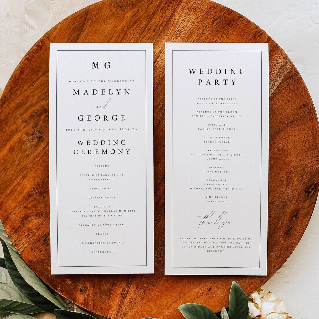 Elegant Wedding Program Template, Minimalist Order of Service ...