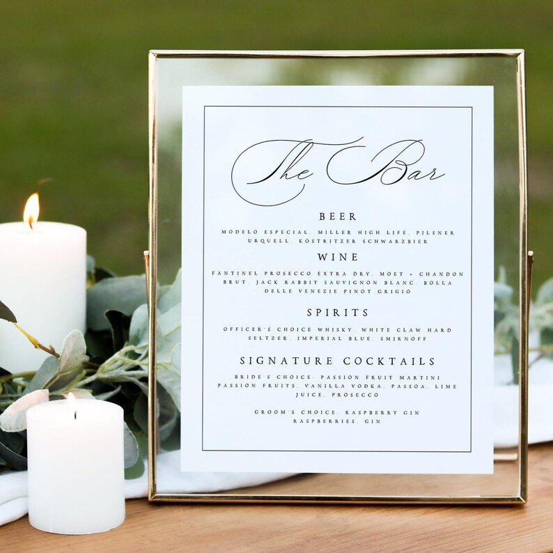 Wedding Bar Menu Sign Template, Editable Minimalist Drinks Menu ...