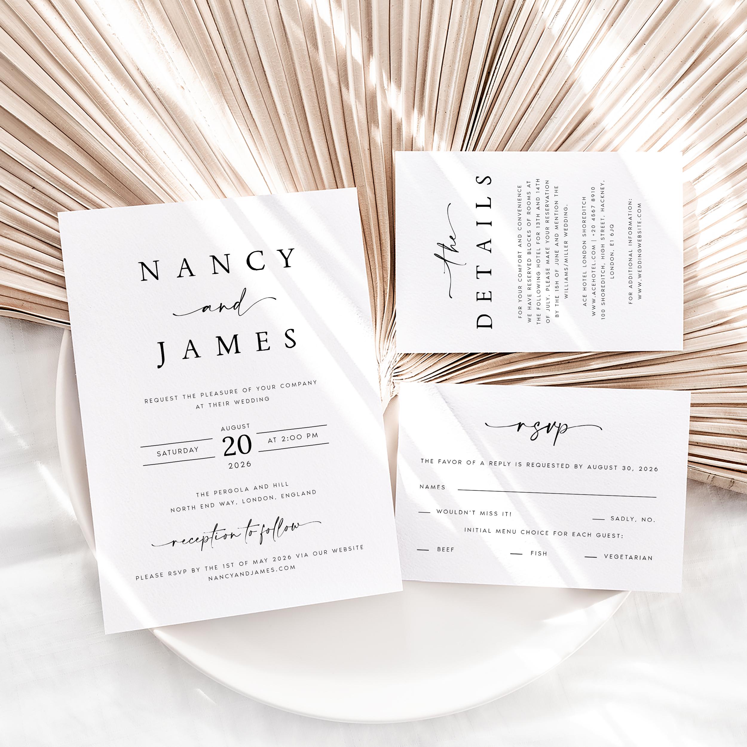Black and White Wedding Invitations, Modern Block Font White Wedding ...