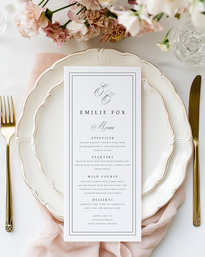 Classic Wedding Menu Template, Elegant Printable Wedding Menu, Wedding ...