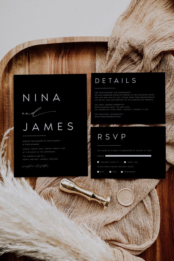 Modern Wedding Invitation Set Template Minimalist Black - Etsy