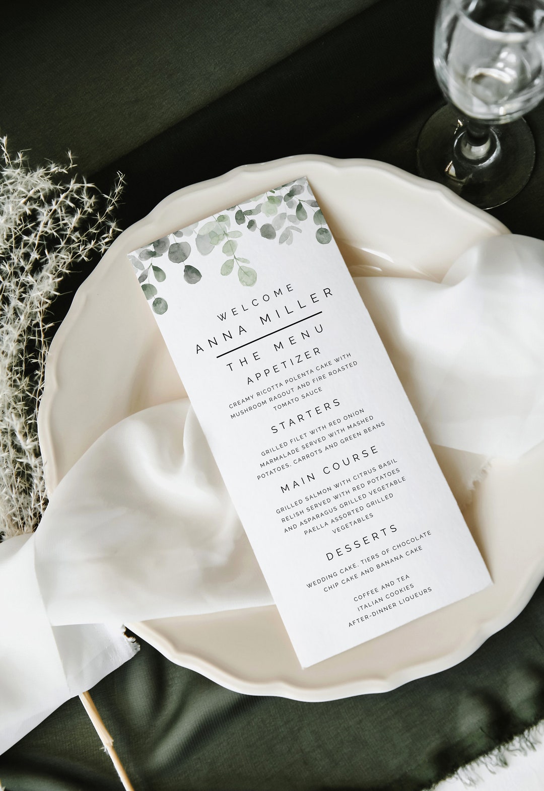 Wedding Menu Template With Guest Names, Eucalyptus Wedding Place Card ...
