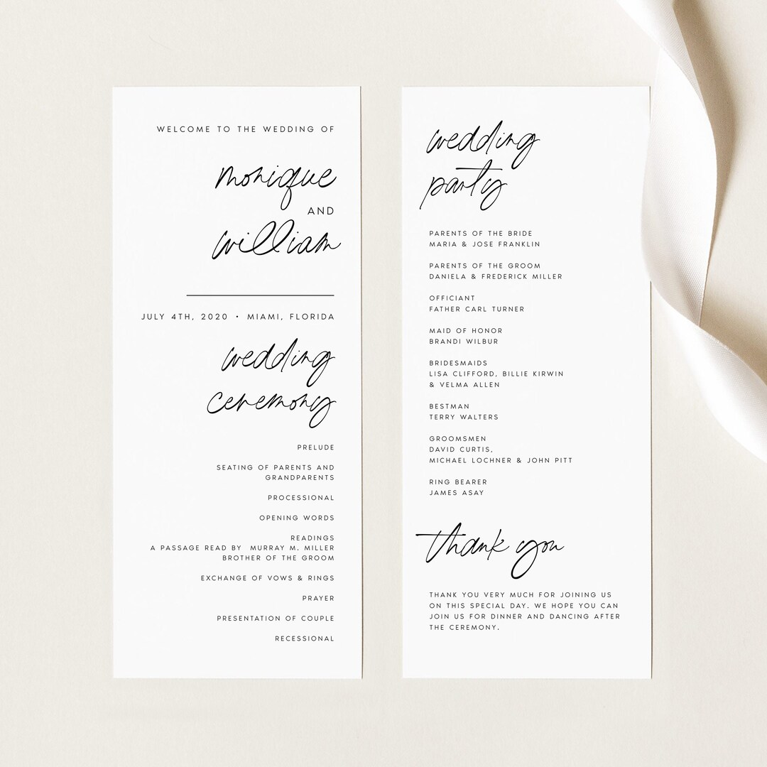 Modern Wedding Program Template Minimalist Order of Service - Etsy