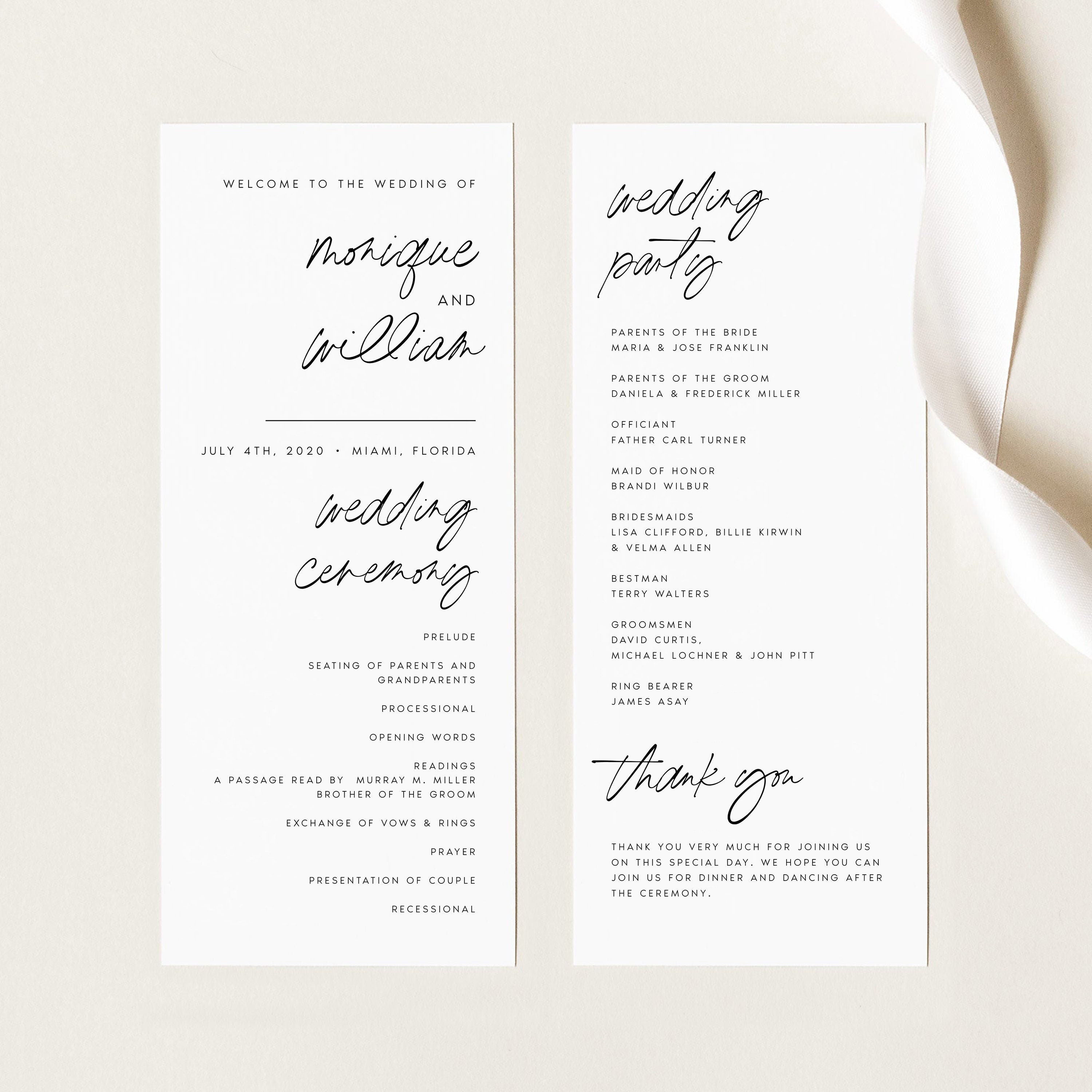 Modern Wedding Program Template Minimalist Order of Service | Etsy