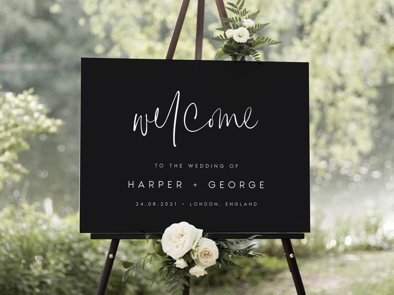 Modern Black Wedding Welcome Sign Dark Welcome Sign Script - Etsy