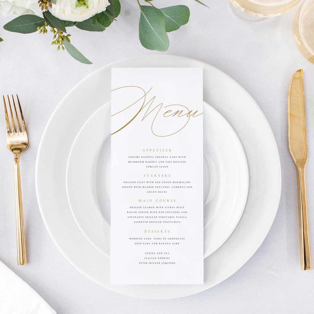 Gold Wedding Menu Template Download, DIY Menu Cards, Elegant, Script ...