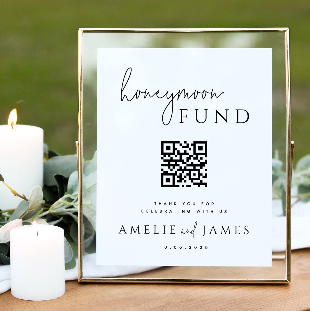 Honeymoon Fund QR Code Wedding Sign, Modern Minimalist (editable ...
