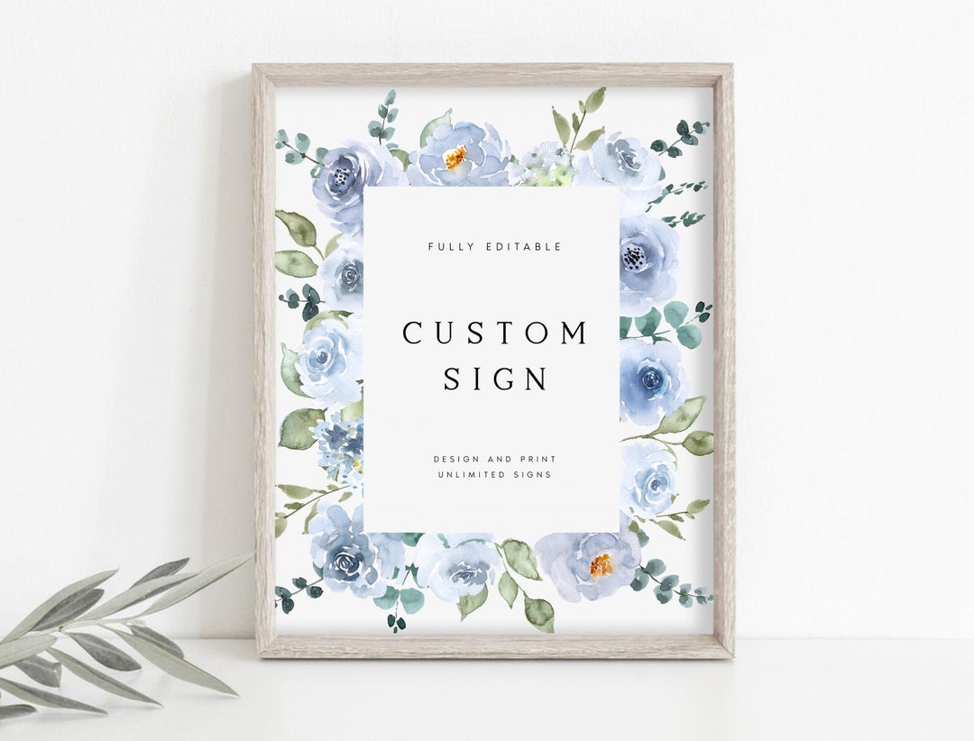 Blue Floral Wedding Sign Template, Editable Bridal Shower Decor ...