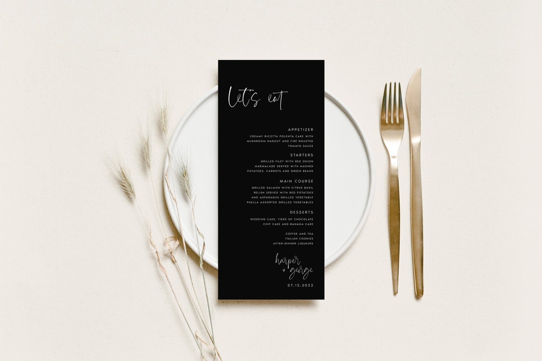 Modern Black Wedding Menu Template, Minimalist Wedding Dinner Menu ...
