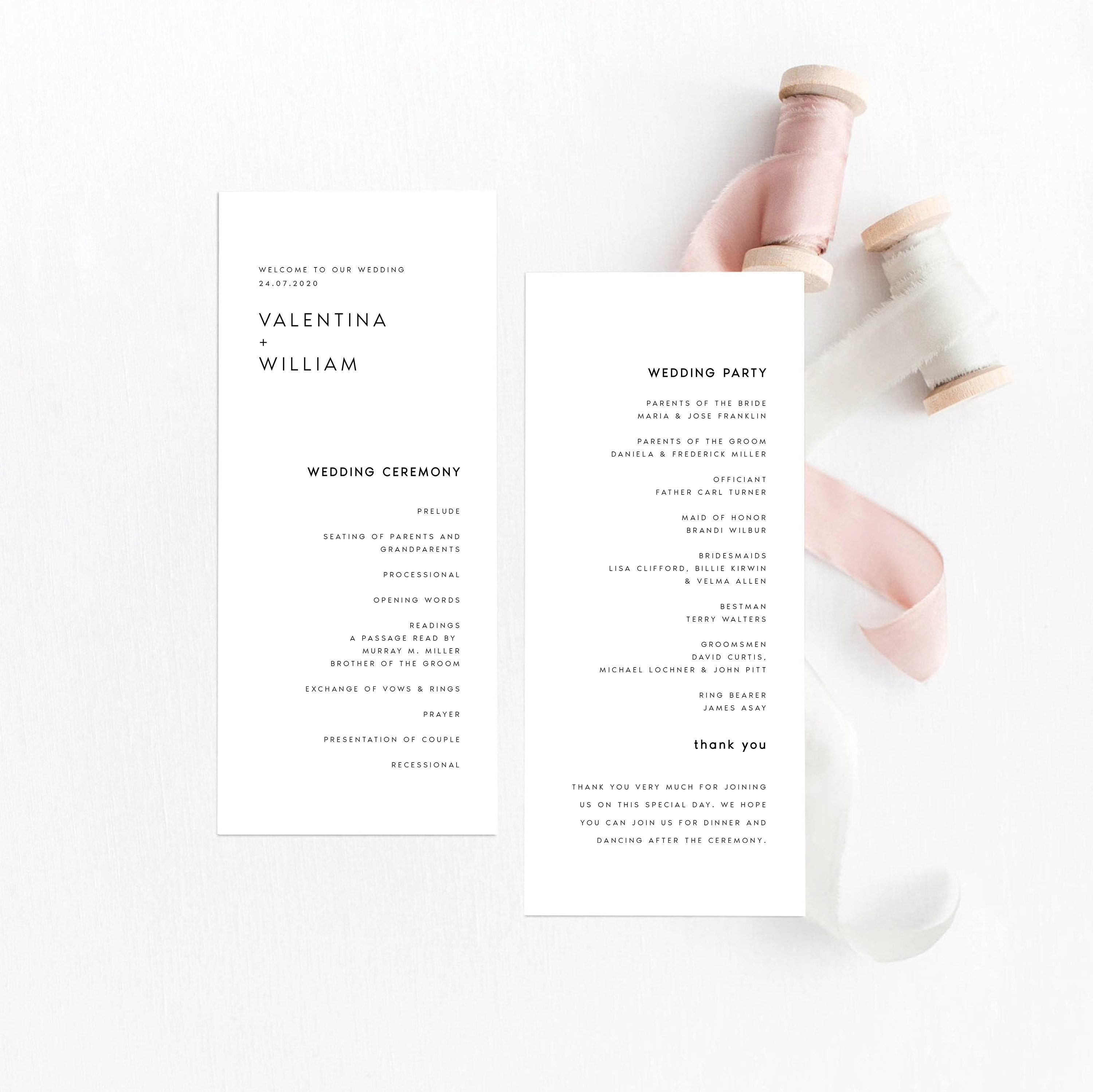 Wedding Program Template Minimal Modern Script Ceremony - Etsy
