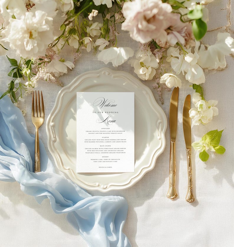 Editable Calligraphy Wedding Menu Template | Minimalist Dinner Card ...