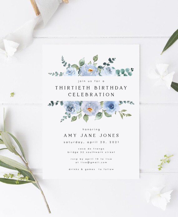 Blue Floral Birthday Party Invitation Watercolor Birthday - Etsy