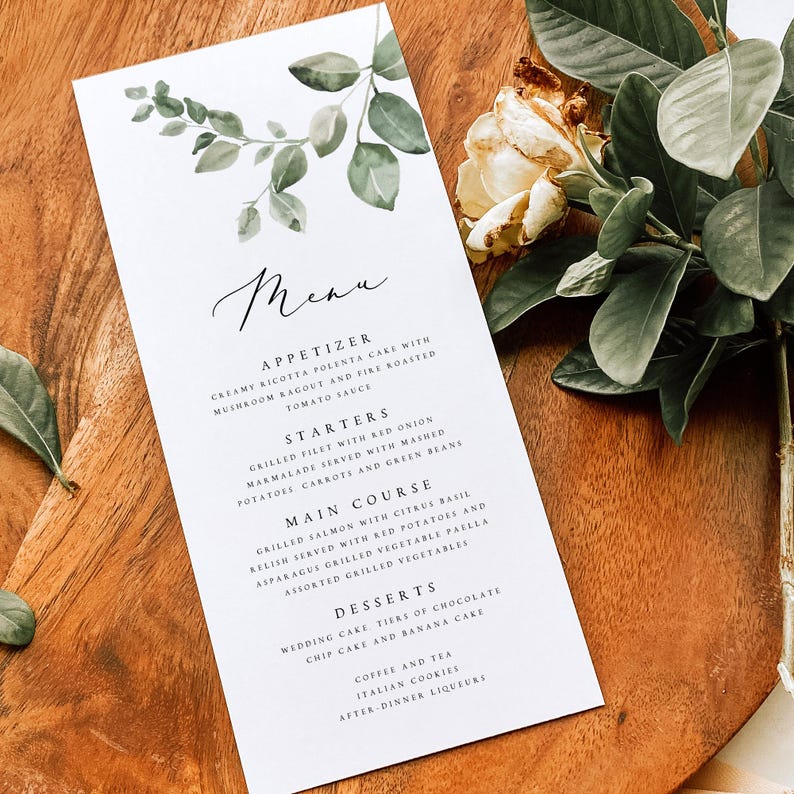 Eucalyptus Wedding Menu Template, Printable Greenery Menu Card, Sage ...