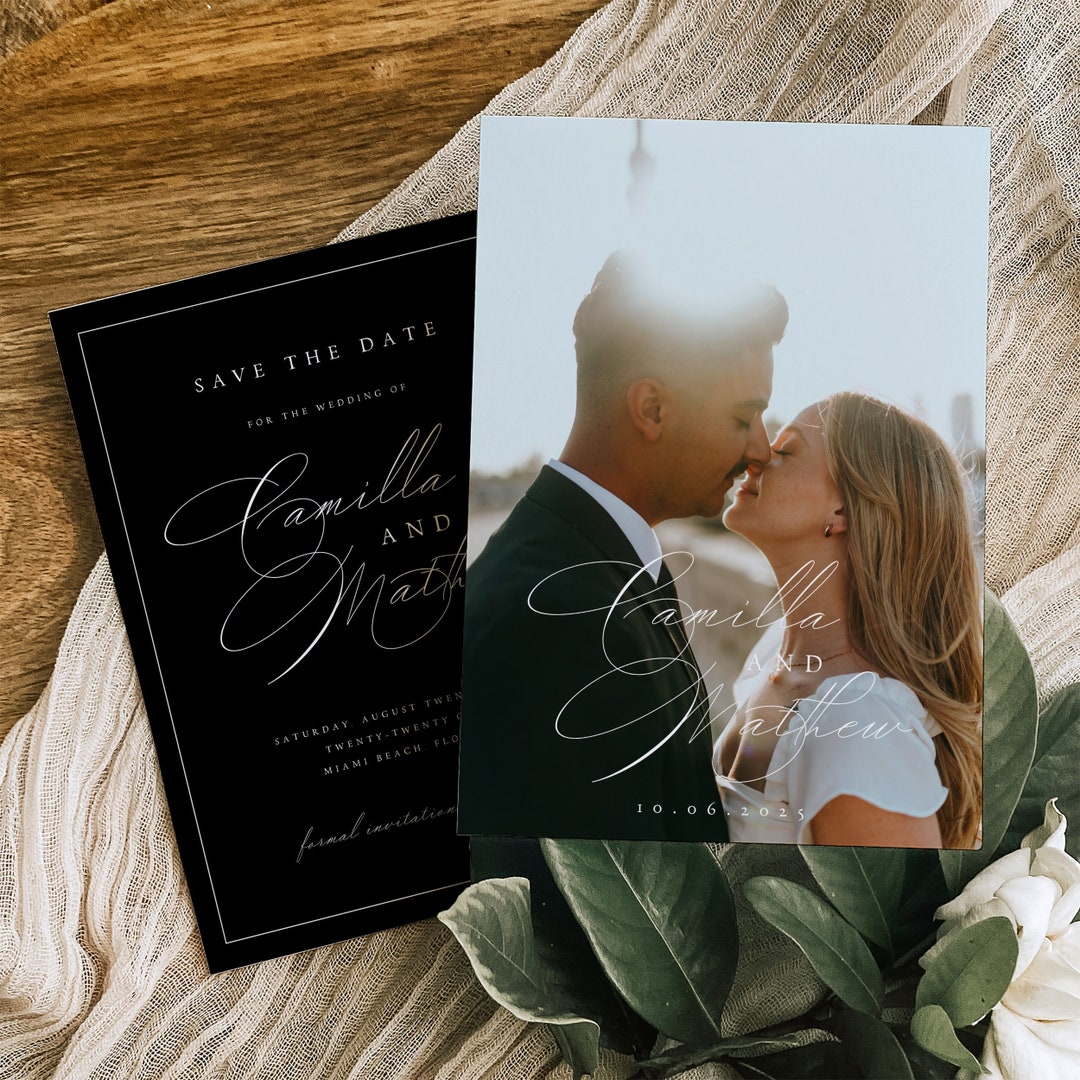 Black Wedding Save the Date Invitation, Photo Card Template - CMLA - Etsy